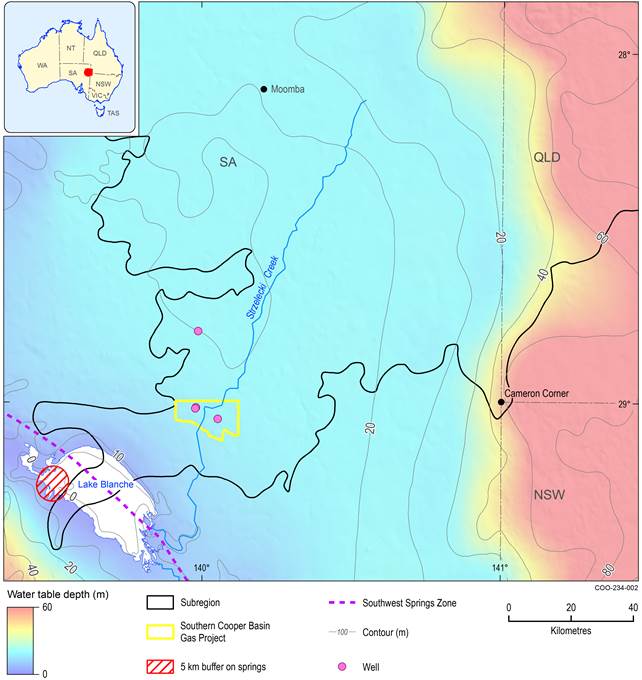 Watertable depth and contours with Southwest Spring Zone and 5 km ...